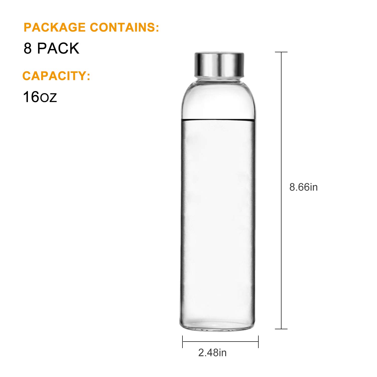Encheng Glass Water Bottles, Glass Beverage Bottles 16oz,Drinking Bottles With Leakproof Stainless Steel Cap 500ml,Reusable Juice Bottles Beverage Drinkware,To Go Travel Bottles For Drink,Sauce 8Pack