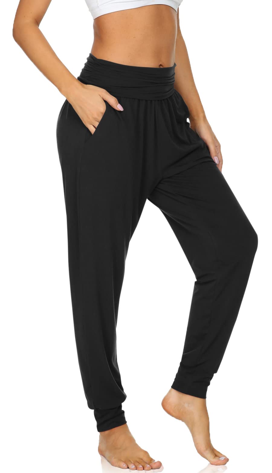 UEU Women's Cozy Yoga Thin Joggers Pants High Waist Loose Fitting Workout Sweatpants Baggy Comfy Sleep Lounge Sweat Pants with Pockets(Black,M)