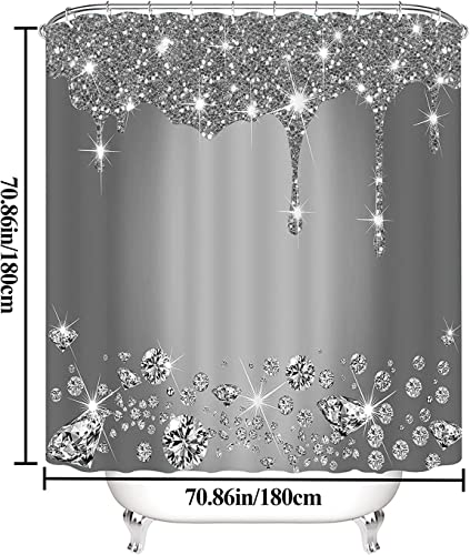 4PCS Glitter Diamond Shower Curtains with Rugs Bath Mat Toilet Lid Cover and 12 Hooks Waterproof Bling Bathroom Shower Curtain Set