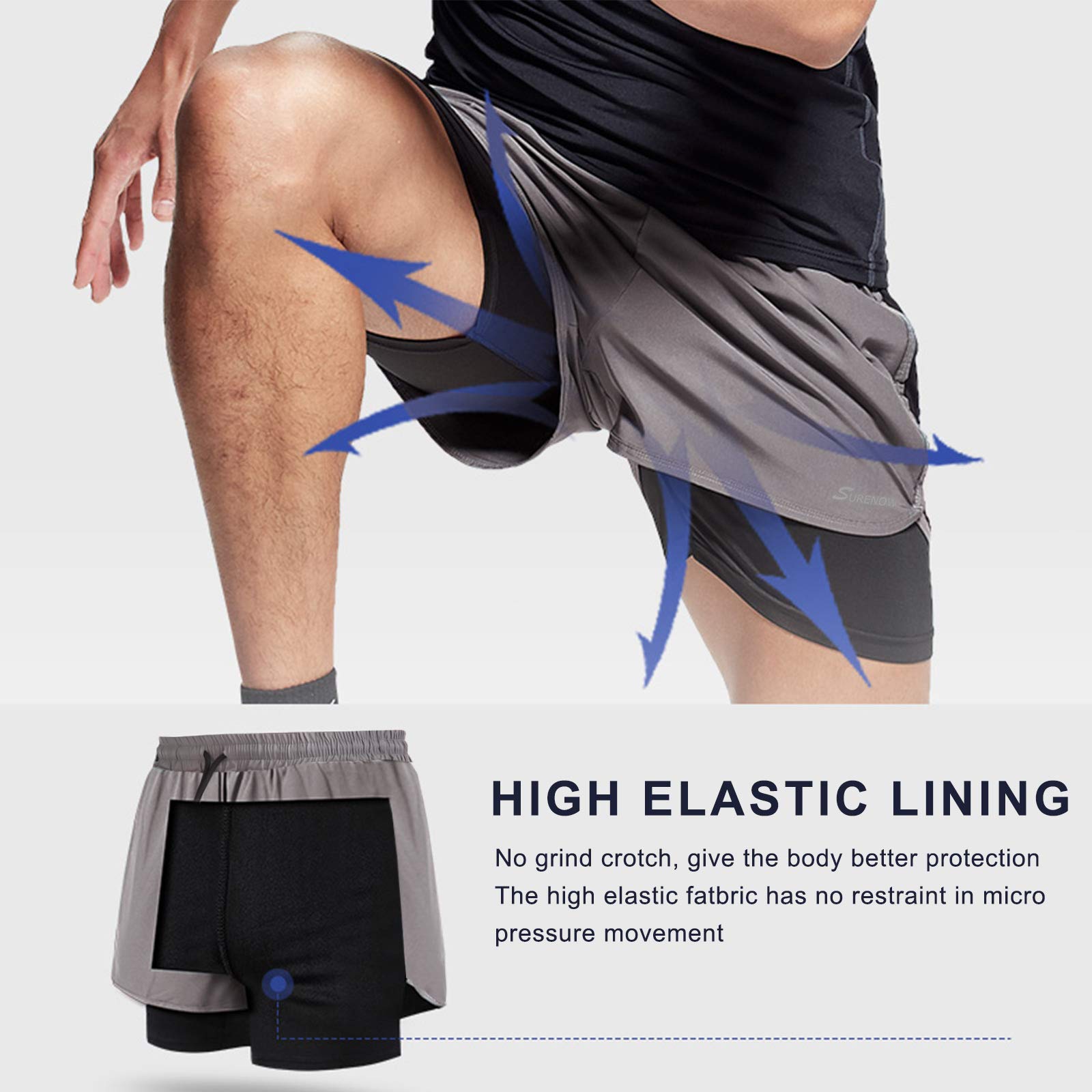 Surenow Mens 2 in 1 Running Shorts Quick Dry Athletic Shorts with Liner, Workout Shorts with Zip Pockets and Towel Loop Dark Grey