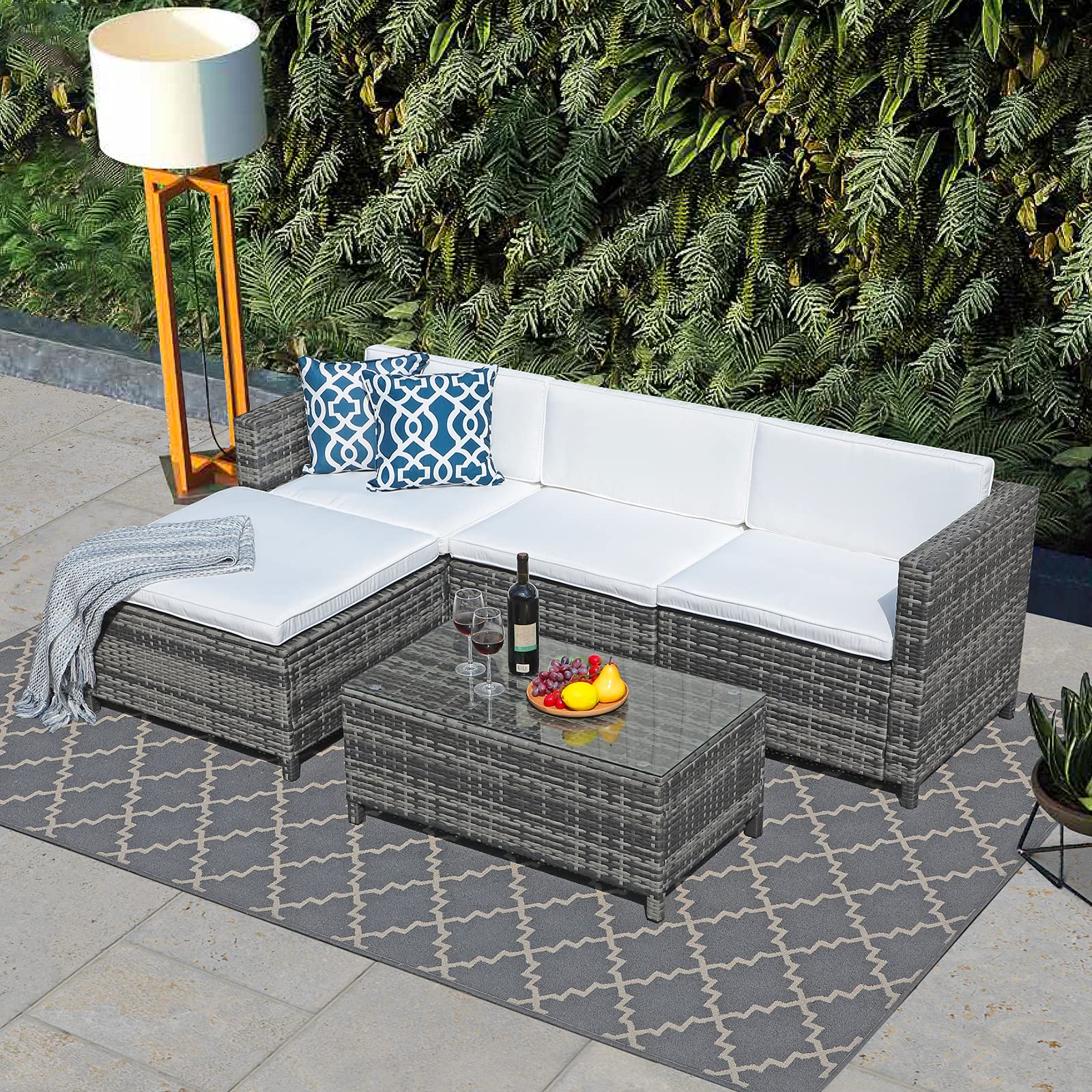 JOIVI Patio Furniture Sets, 5 Pieces All-Weather Outdoor Sectional Sofa Grey Wicker Rattan Patio Conversation Set with Ottoman, Washable White Cushions and 2 Blue Pillows