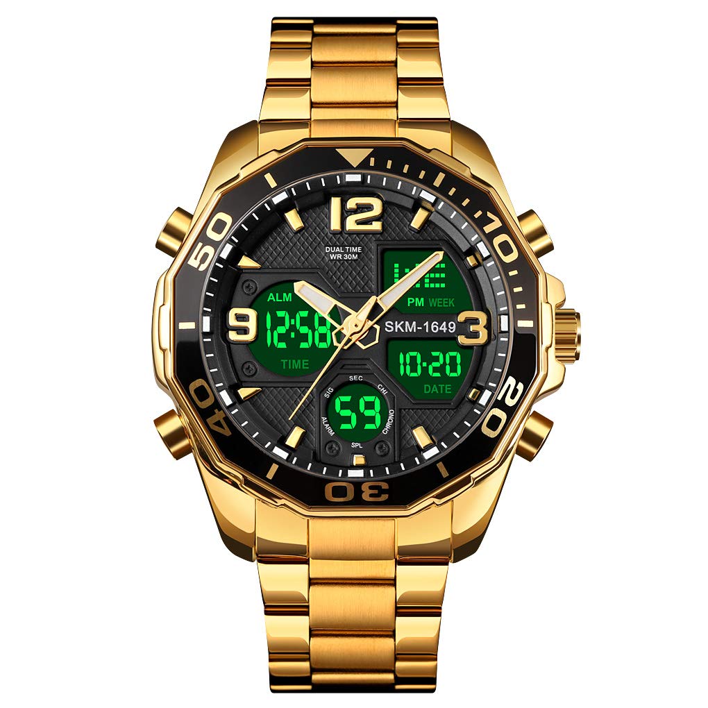 VIGOROSO Mens Watches Multi Times Military Gold Watch Chronograph Digital Analog Stainless Steel Wrist Watch for Men/Gents Waterproof
