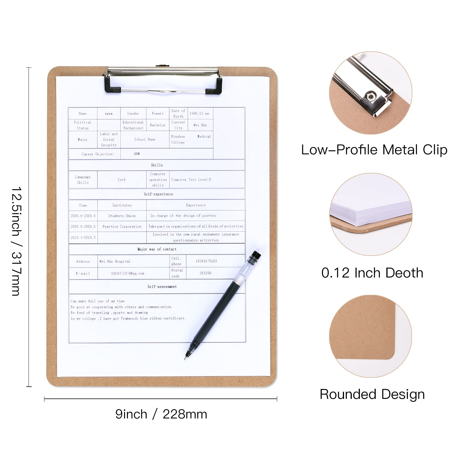Hongri Hardboard Clipboard, Letter Size Wood Clipboard for Nurses, Lawyers, Students, Classroom, Office, Women, Man, A4 Standard Size 9" x 12.5", with Low-Profile Metal Clip, Brown