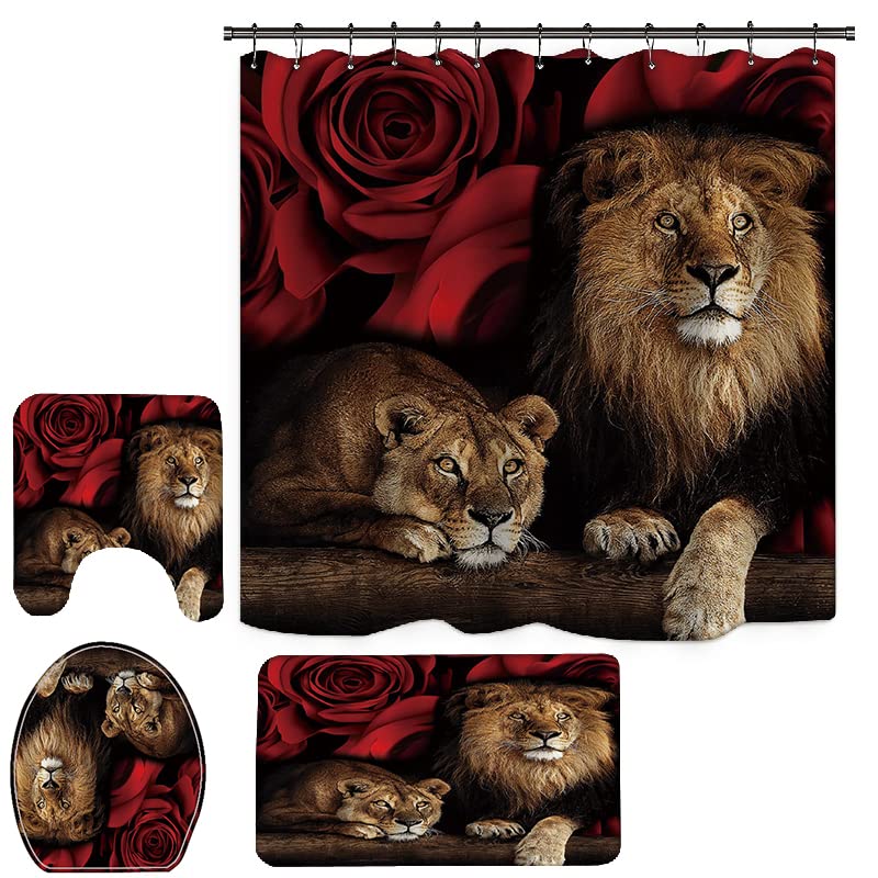 GUDAGUU 4 Piece Red Rose with Tiger and Lion Shower Curtains Bathroom Sets,Romantic Animals Bath Rugs Toilet Seat Cover