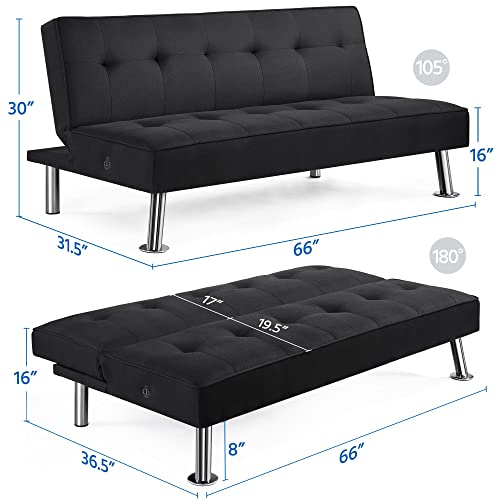 Yaheetech Modern Convertible Futon Sofa Bed w/ 2 Integrated USB Charging Ports Fabric Loveseat Couch Metal Legs, 3 Angles Adjustable Back for Compact Living Space, Apartment, Dorm, Bonus Room Black