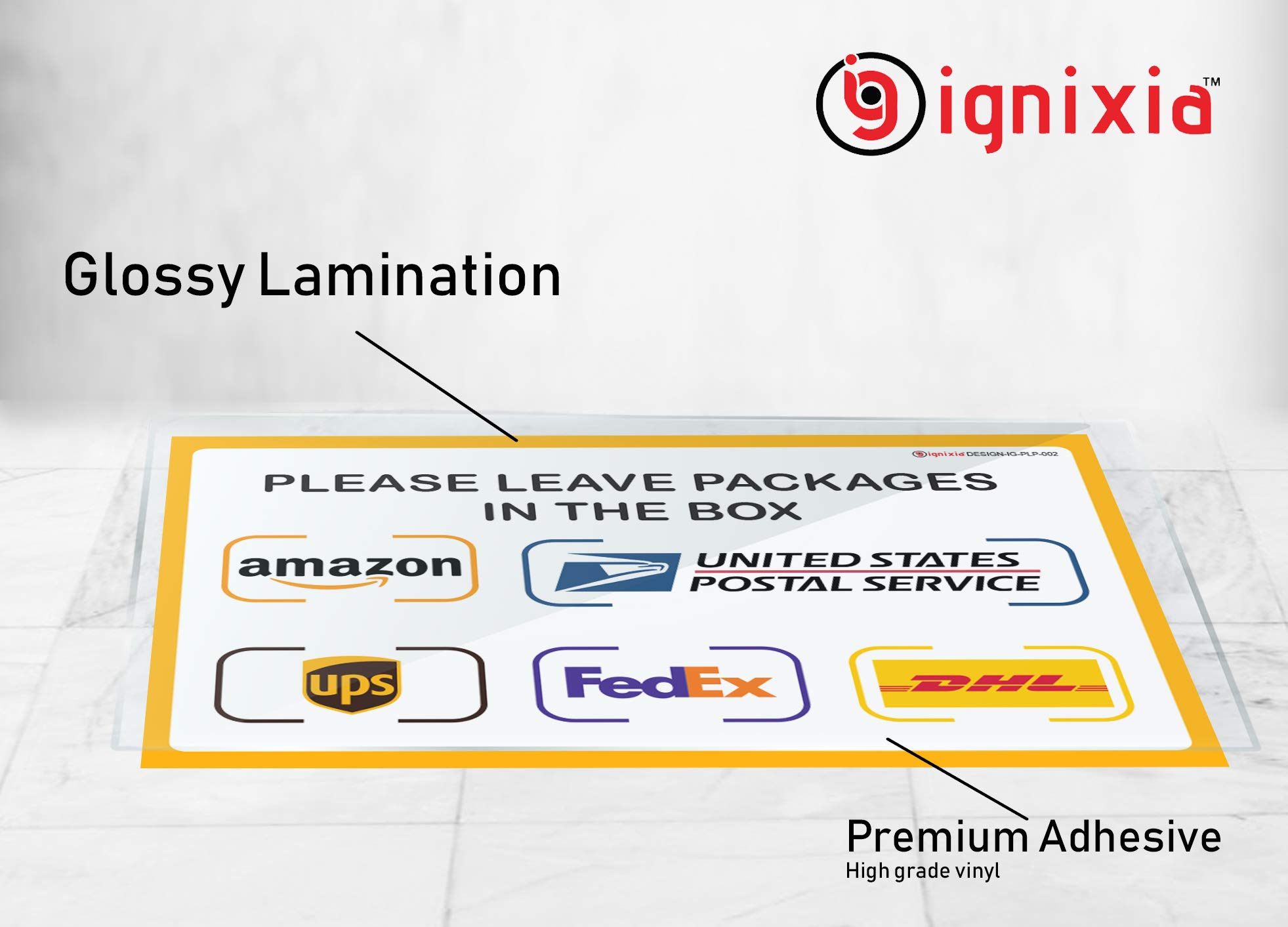 IGNIXIA Pack of 02 Package Delivery Sign Decals, Delivery Instructions for Amazon, Fedex, DHL, Ups, Usps Sign 10 x 7 inches Self Adhesive Sticker with Glossy Lamination