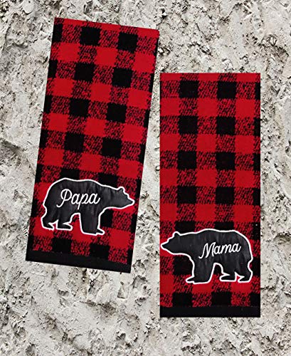 St Nick Holiday Buffalo Plaid Hand Towels Farmhouse Bear Mama Papa Rustic