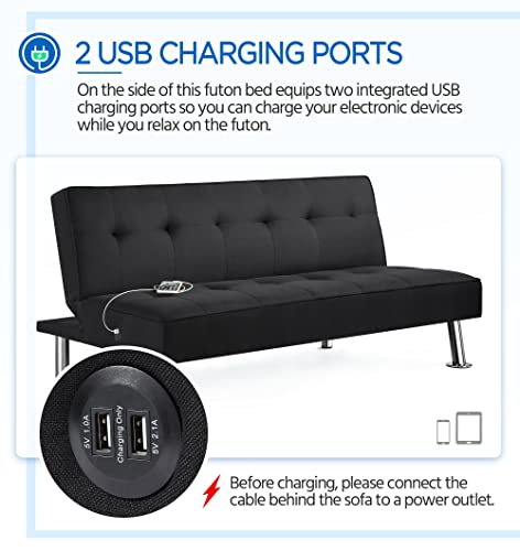 Yaheetech Modern Convertible Futon Sofa Bed w/ 2 Integrated USB Charging Ports Fabric Loveseat Couch Metal Legs, 3 Angles Adjustable Back for Compact Living Space, Apartment, Dorm, Bonus Room Black