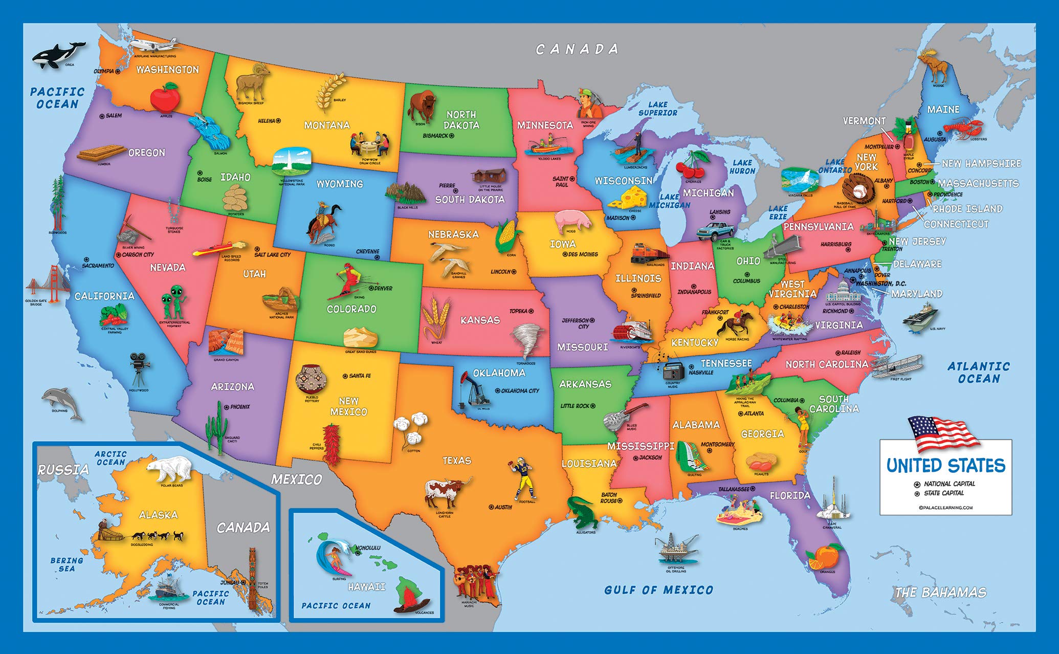 2 Pack - USA Map for Kids [Illustrated] + Cursive ABC Alphabet Poster (LAMINATED, 18" x 29")