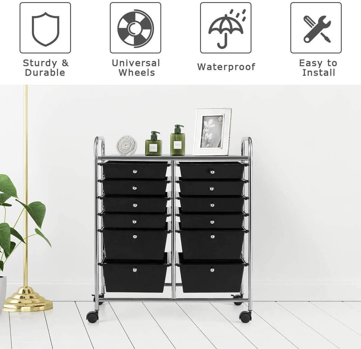 SPSUPE 12-Drawer Rolling Storage Cart, Utility Cart Storage Shelves with 4 Universal Wheels, Tools Scrapbook Paper Organizer, Ideal for Home Kitchen Office Organizing (Black)