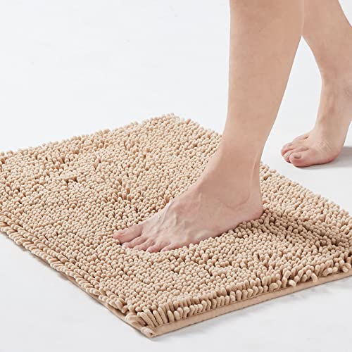 TECHMILLY Soft Fluffy Chenille Bathroom Rugs, Non Slip Absorbent Bath Mats for Bathroom, Washable and Quick Dry, Khaki, 17" x 24"