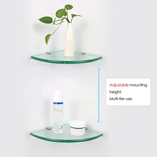 Bathroom Tempered Glass Shower Corner Shelf 12mm Thick Floating Wall Mounted Shelves for Home Decor 9"x9" Quarter Circle Shevling with SUS304 Bracket