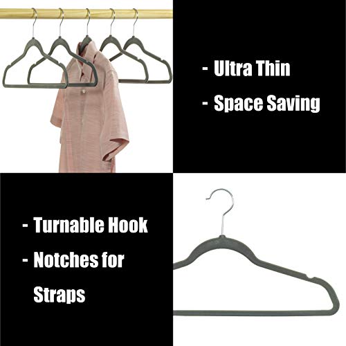 Mainetti SH-VM003-GR10 Grey Velvet Ultra-Thin Hangers with Notches and Bright Zinc Swivel Hooks, 17.5 Inch (Pack of 10)