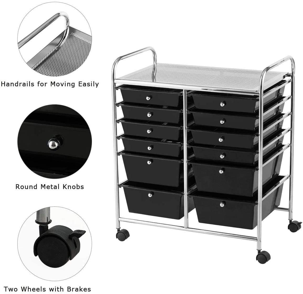 SPSUPE 12-Drawer Rolling Storage Cart, Utility Cart Storage Shelves with 4 Universal Wheels, Tools Scrapbook Paper Organizer, Ideal for Home Kitchen Office Organizing (Black)
