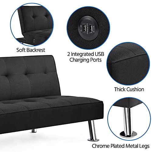 Yaheetech Modern Convertible Futon Sofa Bed w/ 2 Integrated USB Charging Ports Fabric Loveseat Couch Metal Legs, 3 Angles Adjustable Back for Compact Living Space, Apartment, Dorm, Bonus Room Black