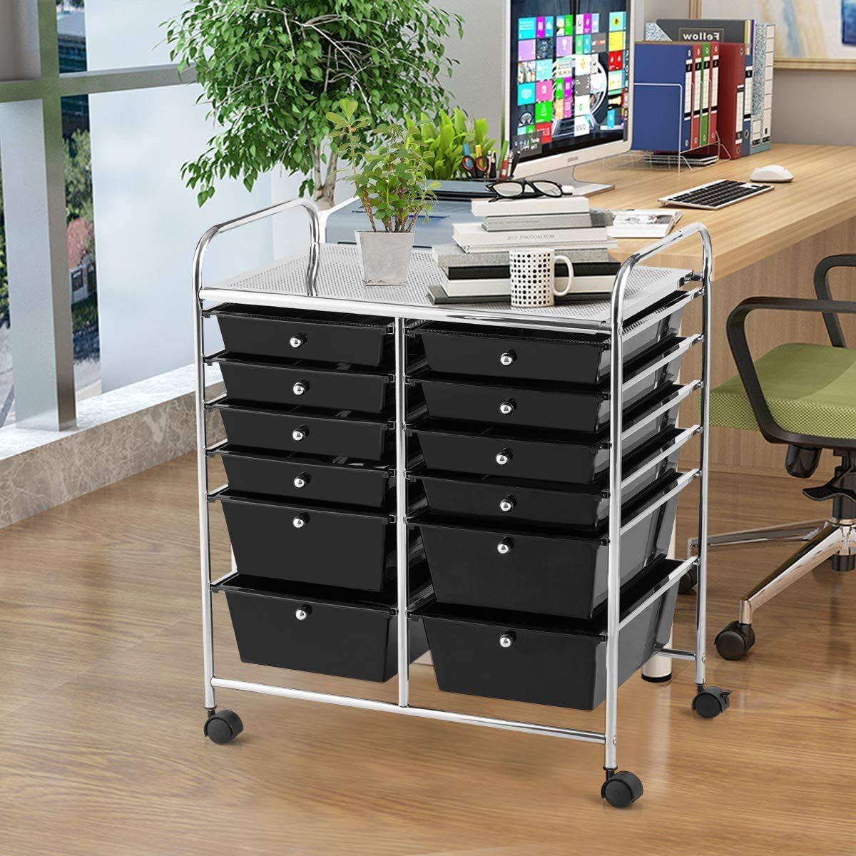 SPSUPE 12-Drawer Rolling Storage Cart, Utility Cart Storage Shelves with 4 Universal Wheels, Tools Scrapbook Paper Organizer, Ideal for Home Kitchen Office Organizing (Black)