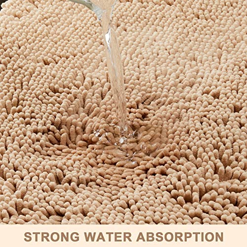 TECHMILLY Soft Fluffy Chenille Bathroom Rugs, Non Slip Absorbent Bath Mats for Bathroom, Washable and Quick Dry, Khaki, 17" x 24"