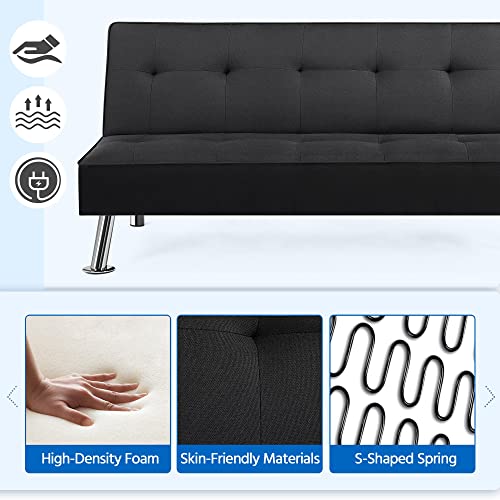 Yaheetech Modern Convertible Futon Sofa Bed w/ 2 Integrated USB Charging Ports Fabric Loveseat Couch Metal Legs, 3 Angles Adjustable Back for Compact Living Space, Apartment, Dorm, Bonus Room Black