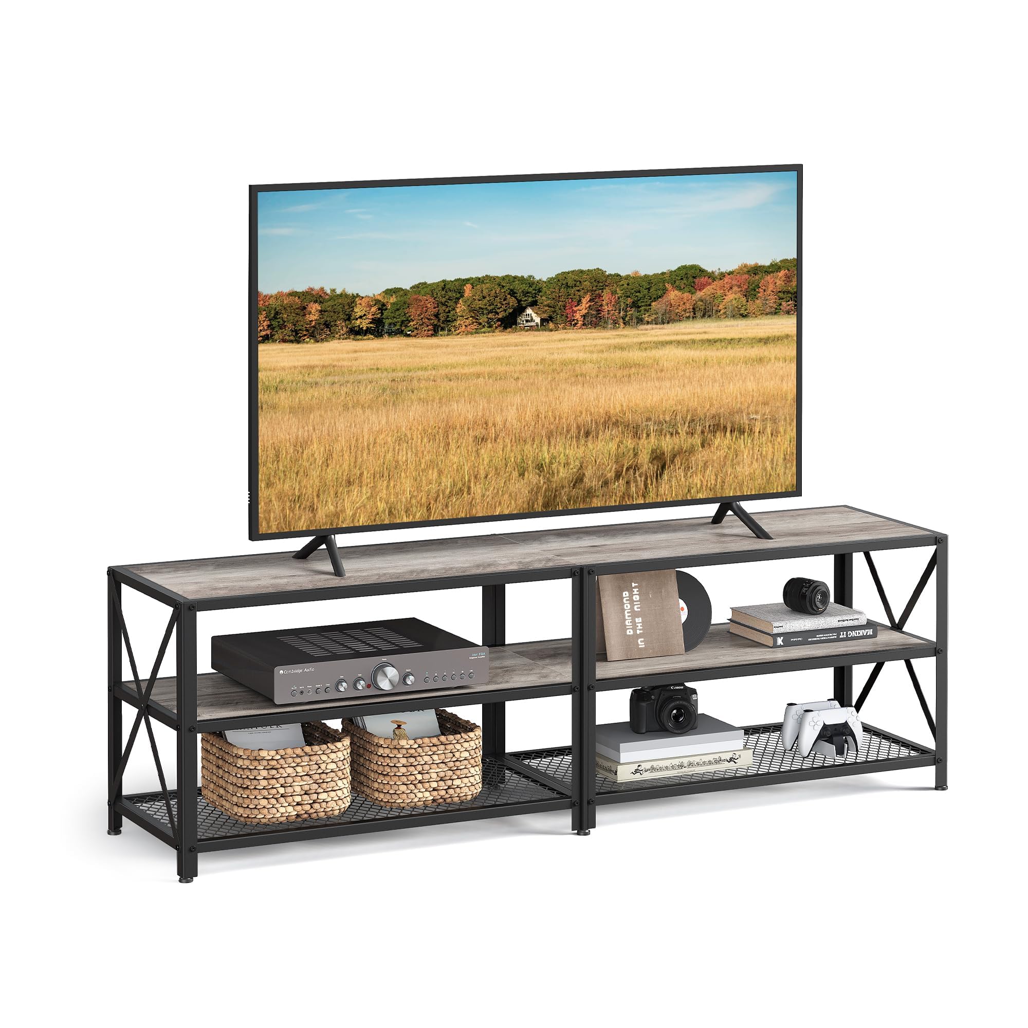 VASAGLE TV Stand, TV Console for TVs Up to 70 Inches, TV Table, 63 Inches Width, TV Cabinet with Storage Shelves, Steel Frame, for Living Room, Bedroom, Greige and Black ULTV095B02