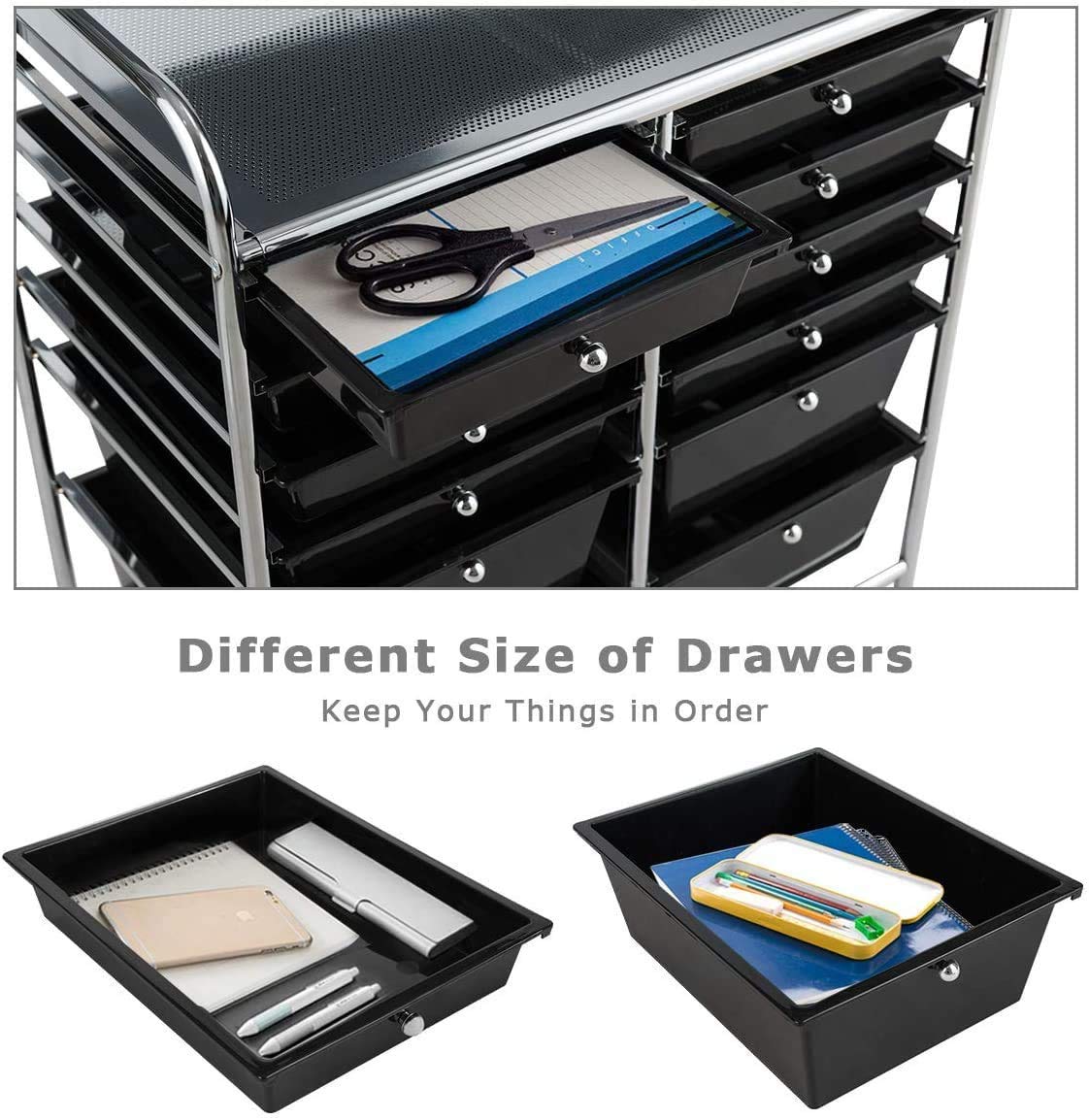 SPSUPE 12-Drawer Rolling Storage Cart, Utility Cart Storage Shelves with 4 Universal Wheels, Tools Scrapbook Paper Organizer, Ideal for Home Kitchen Office Organizing (Black)