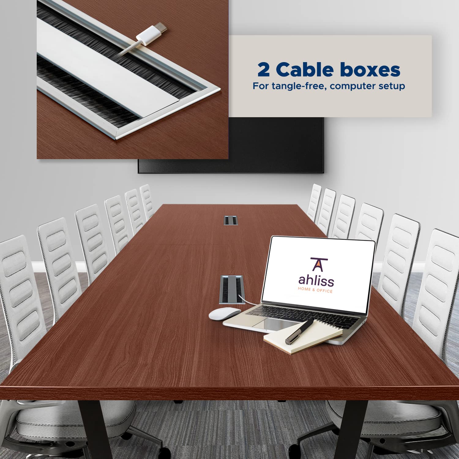 ahliss Sturdy Conference Table with Cable Management Grommets Modern Rectangle Office Meeting Table with Wood Tabletop and Metal Frame & Legs- Easy Assembly Boardroom Table (Mahogany, 12 Foot)