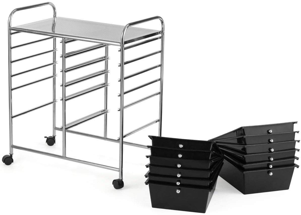 SPSUPE 12-Drawer Rolling Storage Cart, Utility Cart Storage Shelves with 4 Universal Wheels, Tools Scrapbook Paper Organizer, Ideal for Home Kitchen Office Organizing (Black)