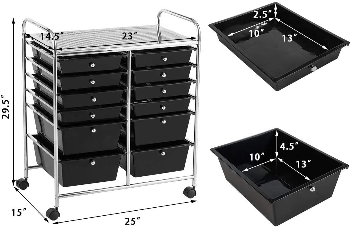 SPSUPE 12-Drawer Rolling Storage Cart, Utility Cart Storage Shelves with 4 Universal Wheels, Tools Scrapbook Paper Organizer, Ideal for Home Kitchen Office Organizing (Black)
