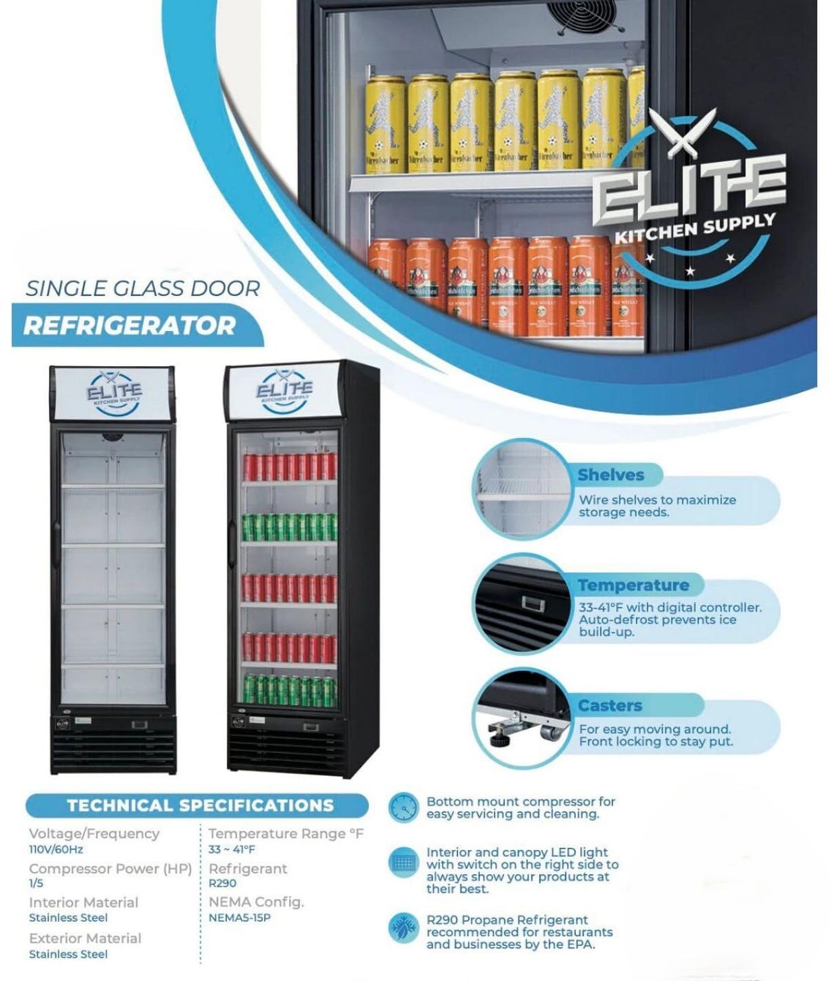 Elite Kitchen Supply Commercial Glass Door Merchandiser Refrigerator, ETL NSF Upright Display Fridge Cooler, Fan Cooling Stainless Steel, Black, 27" W 14.7 cu. ft. GDC-14
