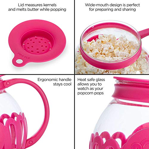 Ecolution Patented Micro-Pop Microwave Popcorn Popper with Temperature Safe Glass, 3-in-1 Lid Measures Kernels and Melts Butter, Made Without BPA, Dishwasher Safe, 3-Quart, Hot Pink