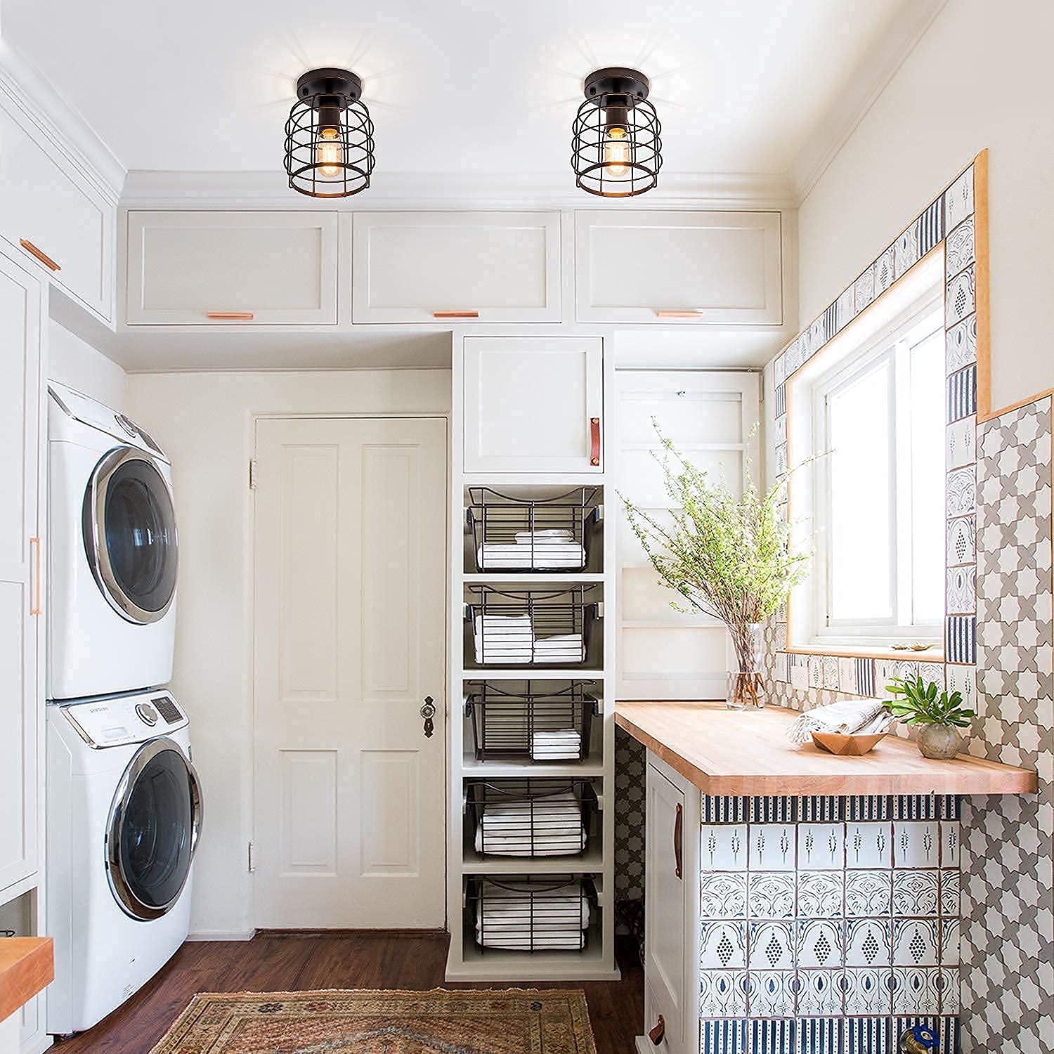 Industrial Black Semi Flush Mount Ceiling Light, Farmhouse Mini Cage Ceiling Lighting Fixture, Vintage Caged Ceiling Lamp for Entryway, Kitchen, Bedroom, Laundry Room, Hallway, Dining Room