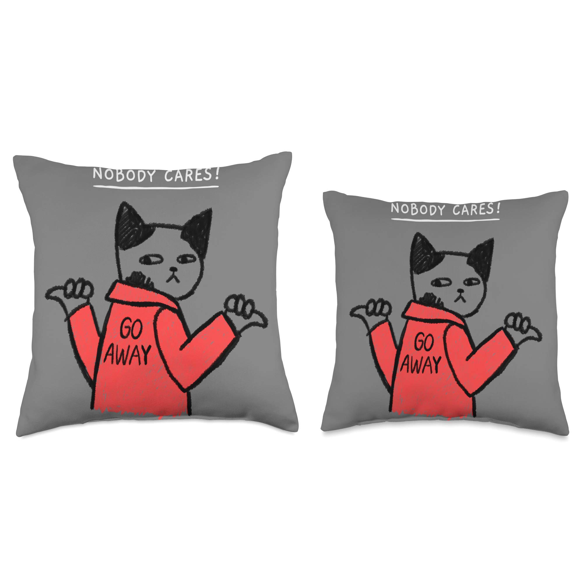 Cats Gifts - click to show more designs! Go Away Cat Kitty Nobody Cares Funny Gift Black Throw Pillow, 18x18, Multicolor