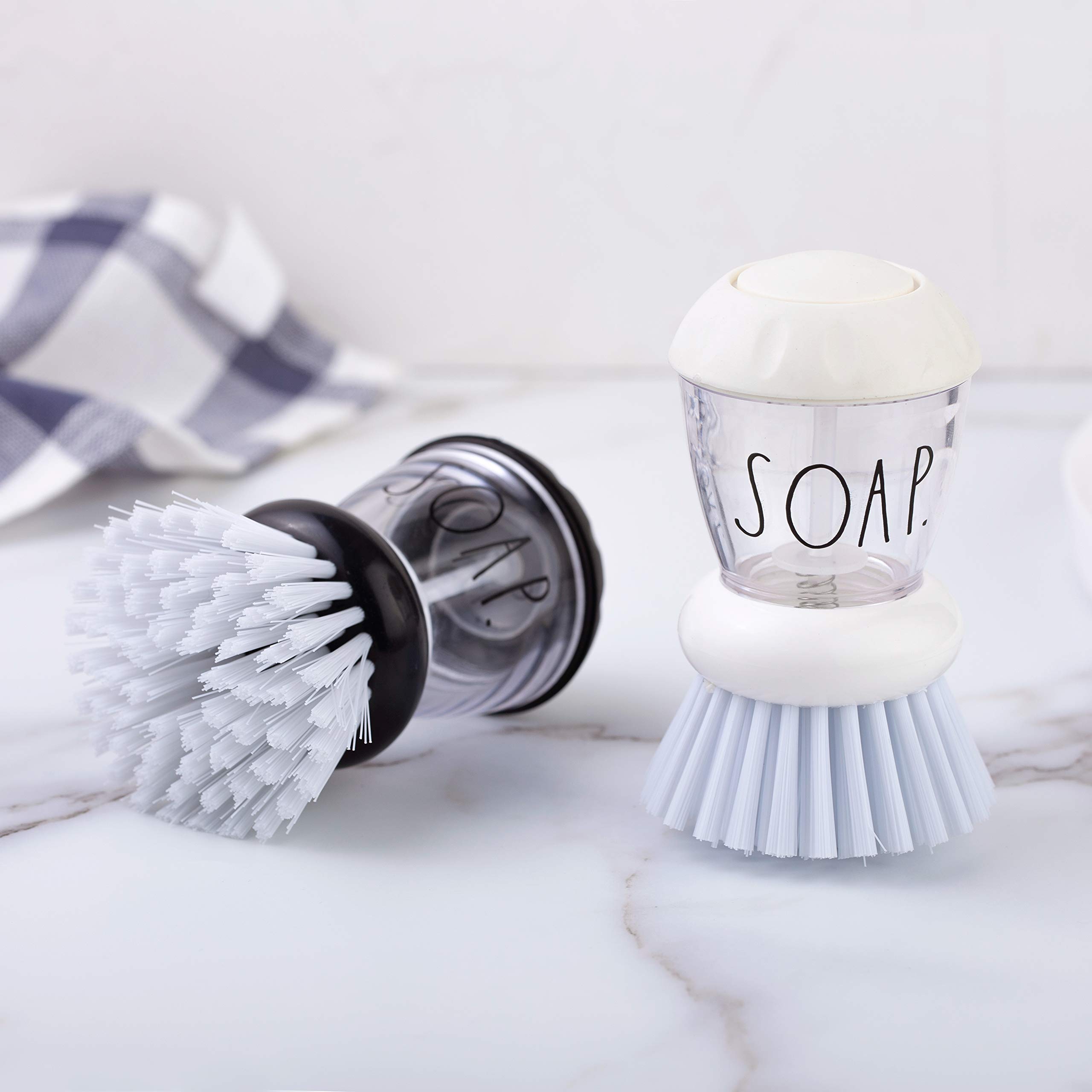 Rae Dunn Collection Soap Dispensing Dish Brush Set - Set of 2 Palm Brush Dish Scrubber with 2 Replacement Brush Heads