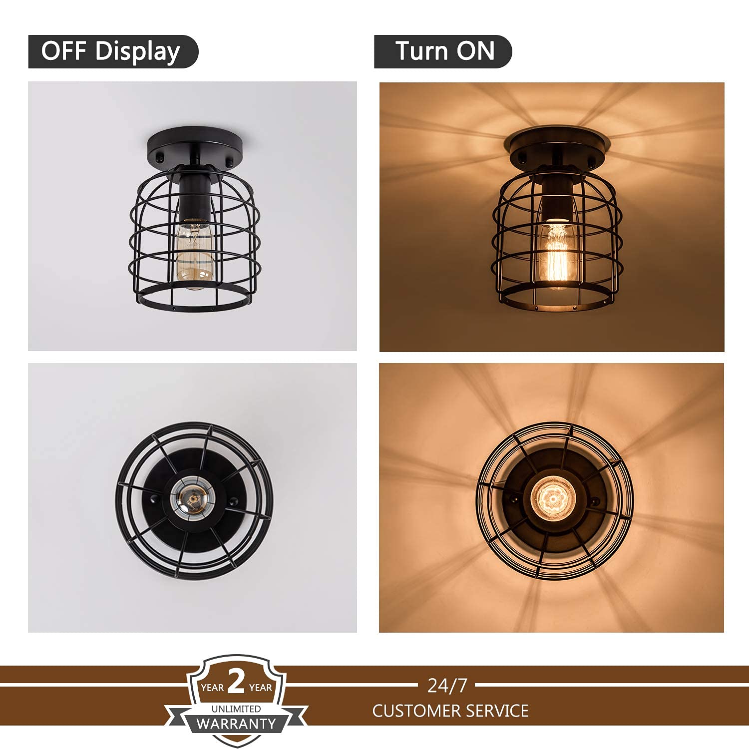 Industrial Black Semi Flush Mount Ceiling Light, Farmhouse Mini Cage Ceiling Lighting Fixture, Vintage Caged Ceiling Lamp for Entryway, Kitchen, Bedroom, Laundry Room, Hallway, Dining Room