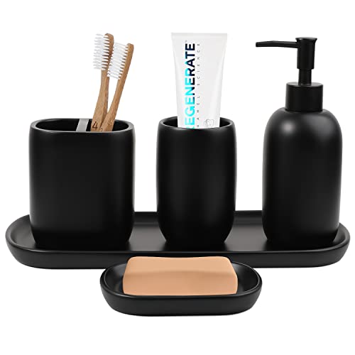 Bathroom Accessories Set, FoverOne 5-Piece Resin Vanity Counter Accessories Set Complete with Toothbrush & Toothpaste Holder, Tumbler, Vanity Tray, Lotion Dispenser, and Soap Dish - Matte Black