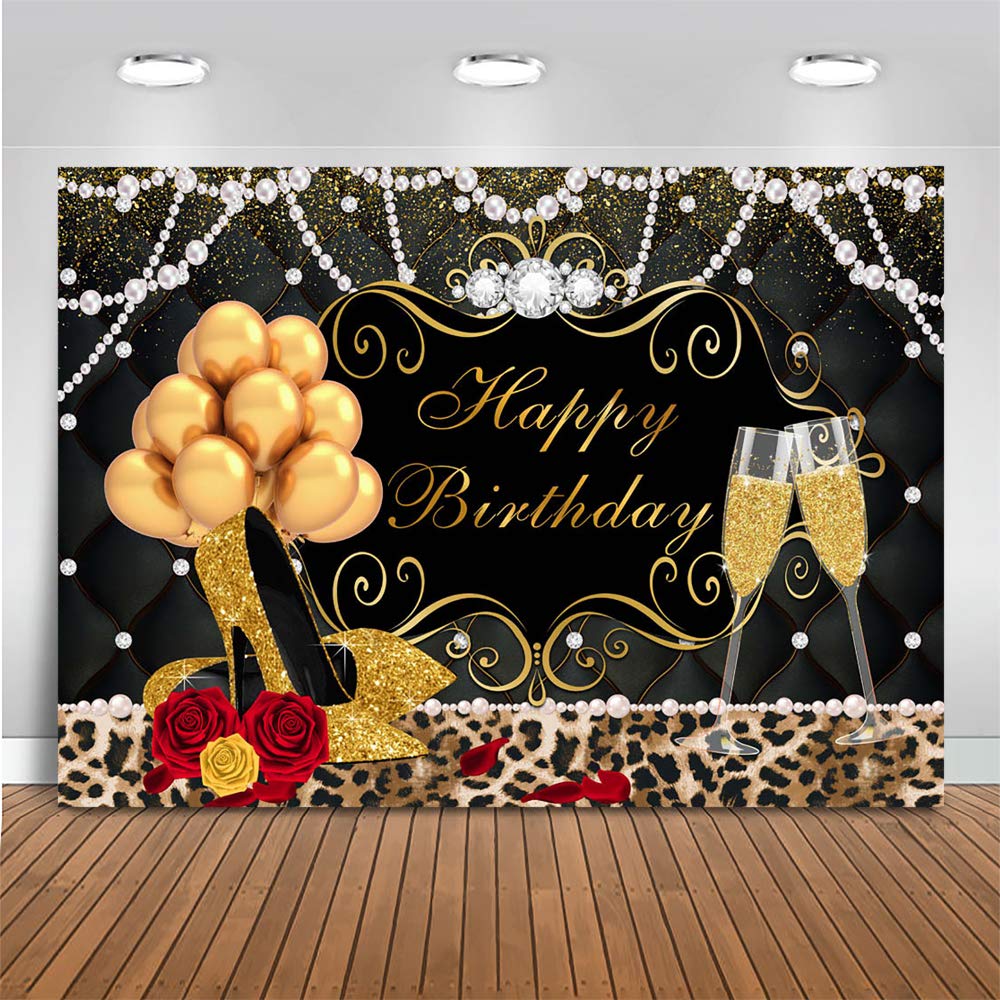Mocsicka Gold High Heels Birthday Backdrop Pearl Leopard Red Rose Birthday Party Banner for Women Gold Glitter 21st 30th 40th 50th 60th Birthday Party Decoration (8x6ft(96x72 inch))