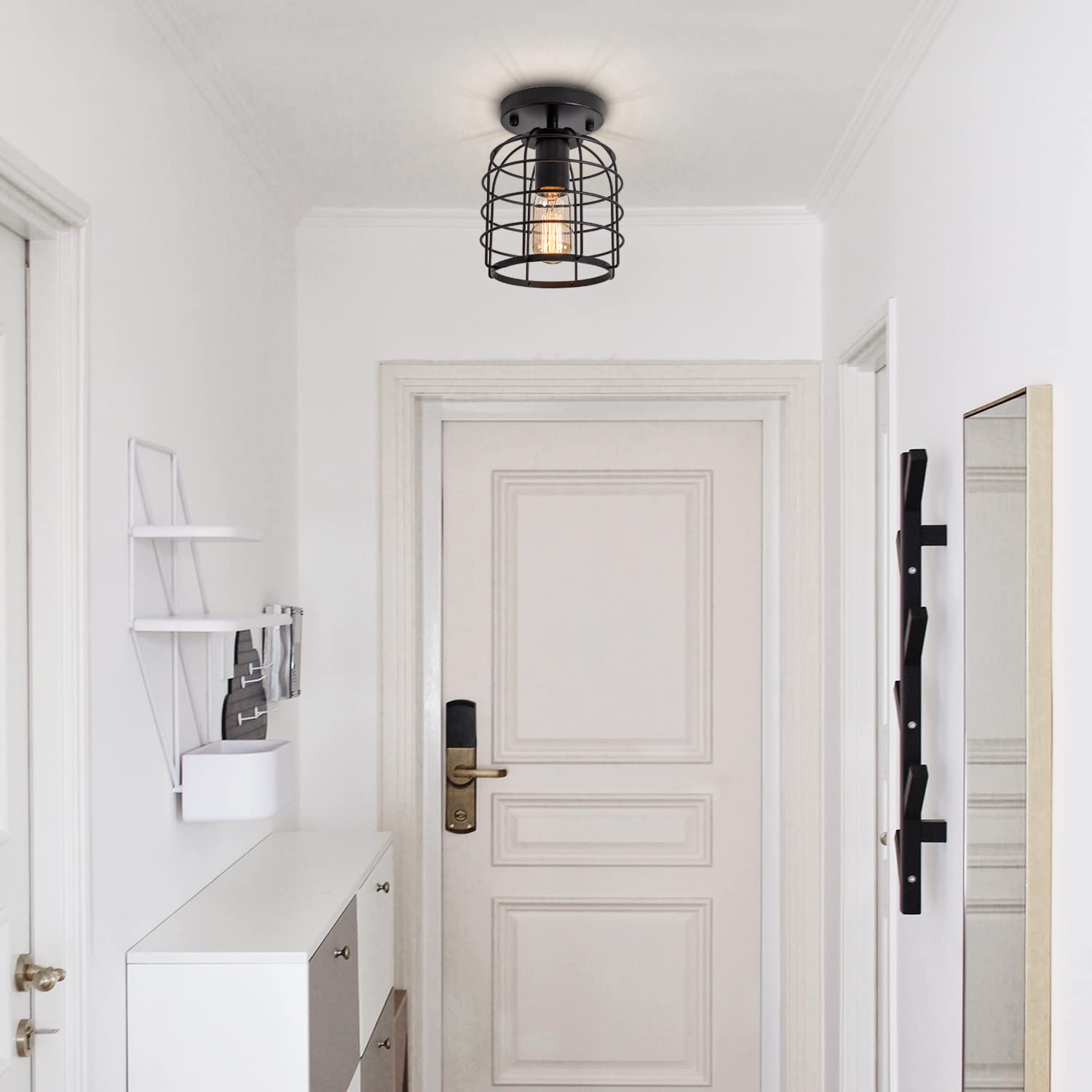 Industrial Black Semi Flush Mount Ceiling Light, Farmhouse Mini Cage Ceiling Lighting Fixture, Vintage Caged Ceiling Lamp for Entryway, Kitchen, Bedroom, Laundry Room, Hallway, Dining Room