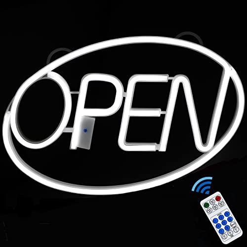 AMEVRGTHS Open Neon LED Sign Light for Business Window, 8 LED Lighting Modes, 16"x 10", Battery/USB Powered with Remote Control Adjustable Brightness for Door Sign Birthday Party Christmas (White)