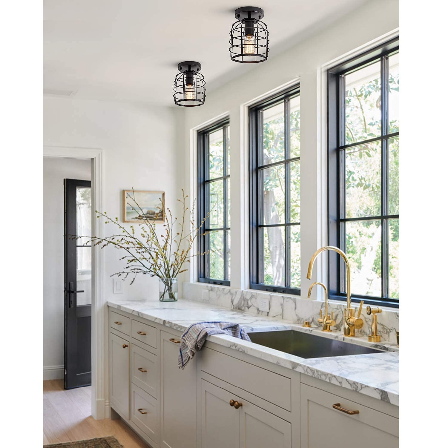 Industrial Black Semi Flush Mount Ceiling Light, Farmhouse Mini Cage Ceiling Lighting Fixture, Vintage Caged Ceiling Lamp for Entryway, Kitchen, Bedroom, Laundry Room, Hallway, Dining Room