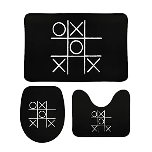 Tic Tac Toe Noughts and Crosses Board Bathroom Rugs and Mats Sets 3 Piece Combination Non-Slip Mat Coral Velvet Toilet Lid Cover Washable 15.7"x23.6"
