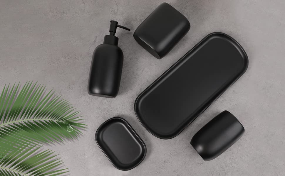 Bathroom Accessories Set, FoverOne 5-Piece Resin Vanity Counter Accessories Set Complete with Toothbrush & Toothpaste Holder, Tumbler, Vanity Tray, Lotion Dispenser, and Soap Dish - Matte Black