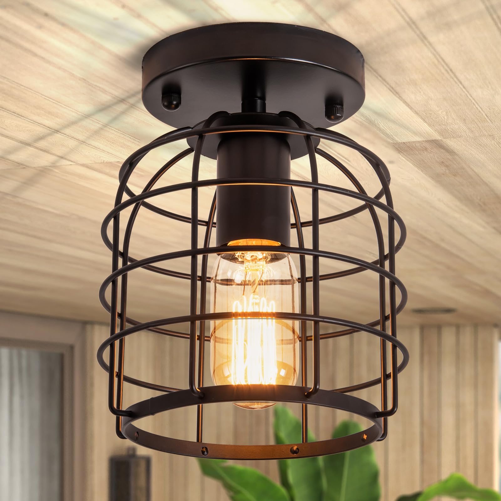 Industrial Black Semi Flush Mount Ceiling Light, Farmhouse Mini Cage Ceiling Lighting Fixture, Vintage Caged Ceiling Lamp for Entryway, Kitchen, Bedroom, Laundry Room, Hallway, Dining Room