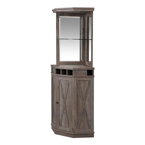 Home Source 73" Tall Corner Storage Cabinet with Wood Doors, Wine Rack, Liquor Glass Holder, Glass Design Large Rustic Bar Hutch for Living Room, Home Office, Kitchen, Small Space, Stone Grey