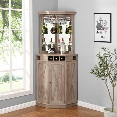 Home Source 73" Tall Corner Storage Cabinet with Wood Doors, Wine Rack, Liquor Glass Holder, Glass Design Large Rustic Bar Hutch for Living Room, Home Office, Kitchen, Small Space, Stone Grey
