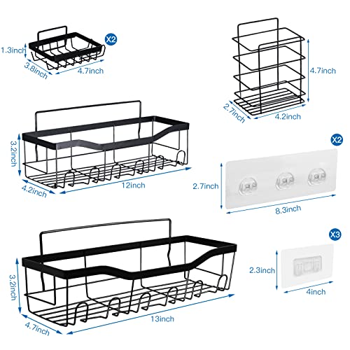 HUGSEE Shower Caddy Adhesive Shower Shelves 5 Pack Bathroom Caddy for Shower Organizer Storage Shower Shelf No Drilling with Soap Toothbrush Holder, Shower Rack for Inside Shower Kitchen Storage Black