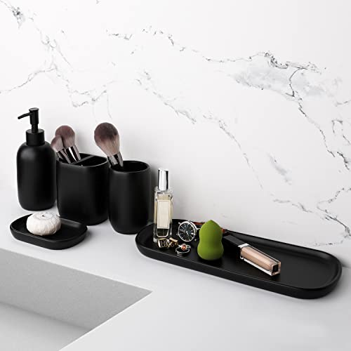 Bathroom Accessories Set, FoverOne 5-Piece Resin Vanity Counter Accessories Set Complete with Toothbrush & Toothpaste Holder, Tumbler, Vanity Tray, Lotion Dispenser, and Soap Dish - Matte Black