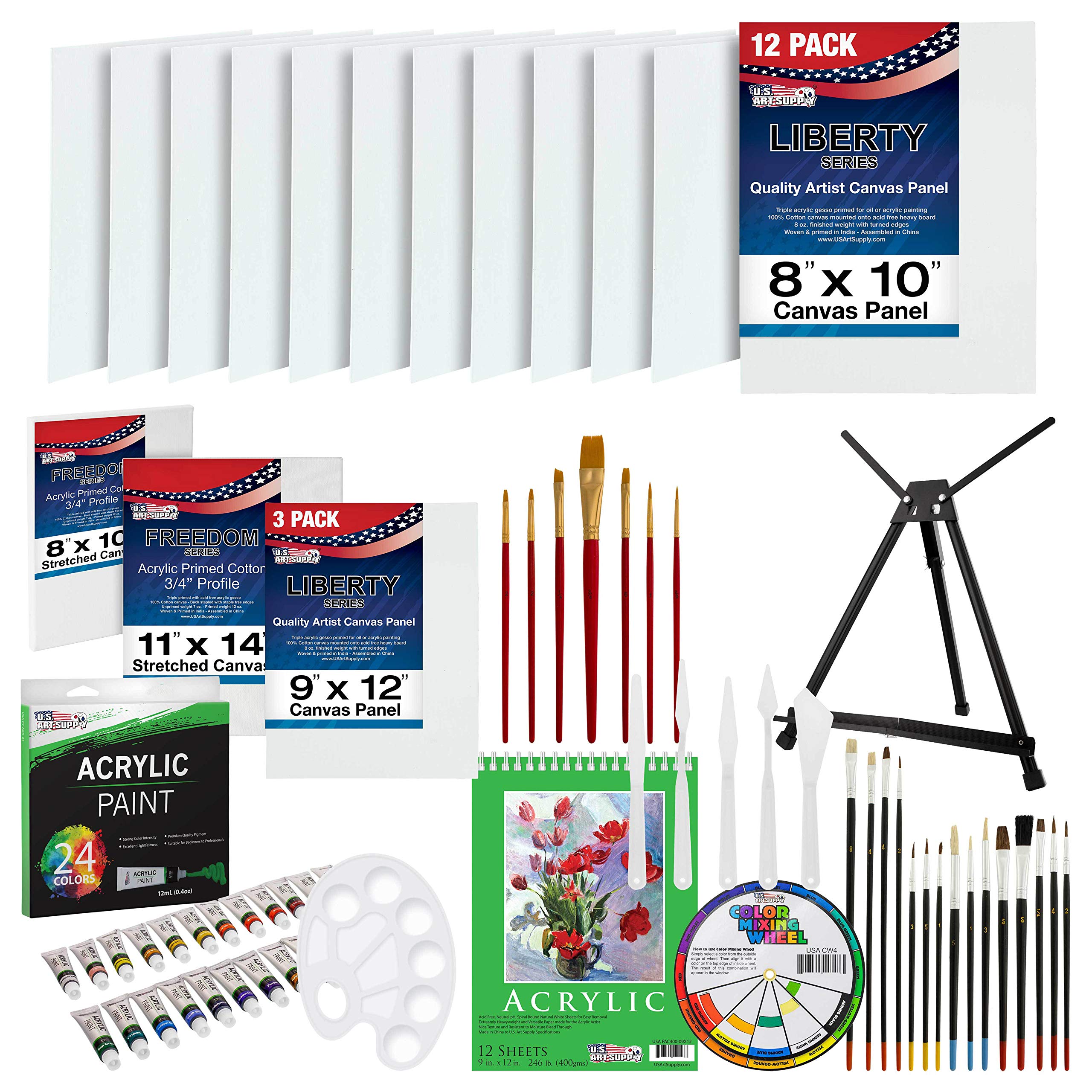 U.S. Art Supply 60 Piece Deluxe Acrylic Painitng Set wtih 12 Pack of 8" X 10" Professional Artist Quality Canvas Panel Boards, Aluminum Tabletop Easel, 24 Acrylic Colors, Acrylic Painting Pad