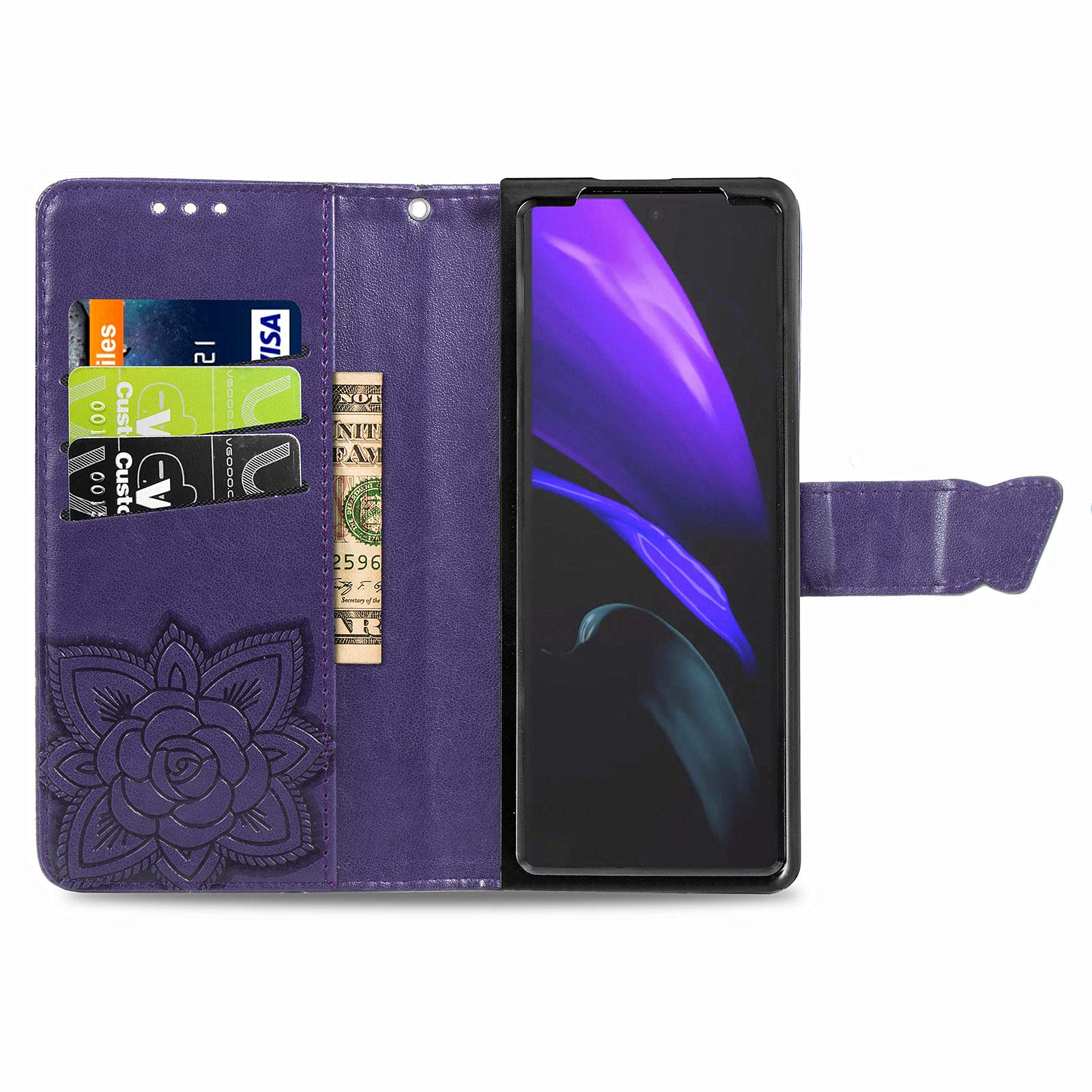 LEMAXELERS Samsung Galaxy Z Fold 2 5G Case Bling Diamond Butterfly Embossed Wallet Flip PU Leather Magnetic Card Slots with Stand Cover for Samsung Galaxy Z Fold 2 5G Diamond Butterfly Purple SD