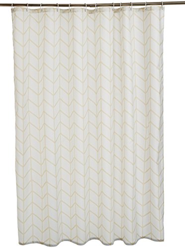 Amazon Basics Fabric Shower Curtain with Grommets and Hooks - 72 x 72 Inch, Natural Herringbone