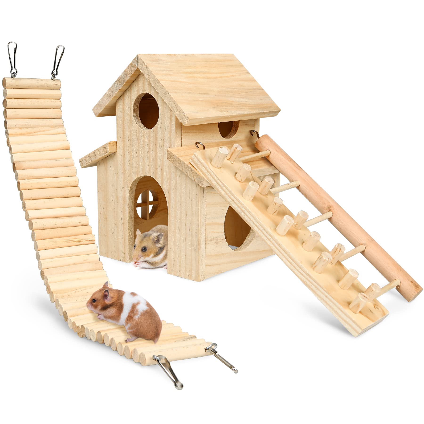 Hamster Toys House 3 Pack Guinea Pig Toys Hamsters Climbing Ladder Brige Natural Wooden Funny Play Toy Chews for Small Animals Rat Mouse Hideouts