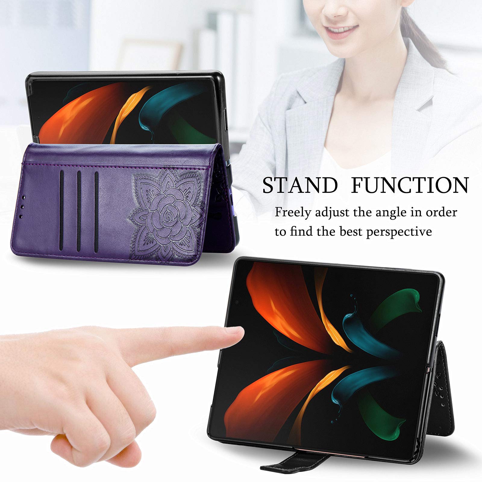 LEMAXELERS Samsung Galaxy Z Fold 2 5G Case Bling Diamond Butterfly Embossed Wallet Flip PU Leather Magnetic Card Slots with Stand Cover for Samsung Galaxy Z Fold 2 5G Diamond Butterfly Purple SD